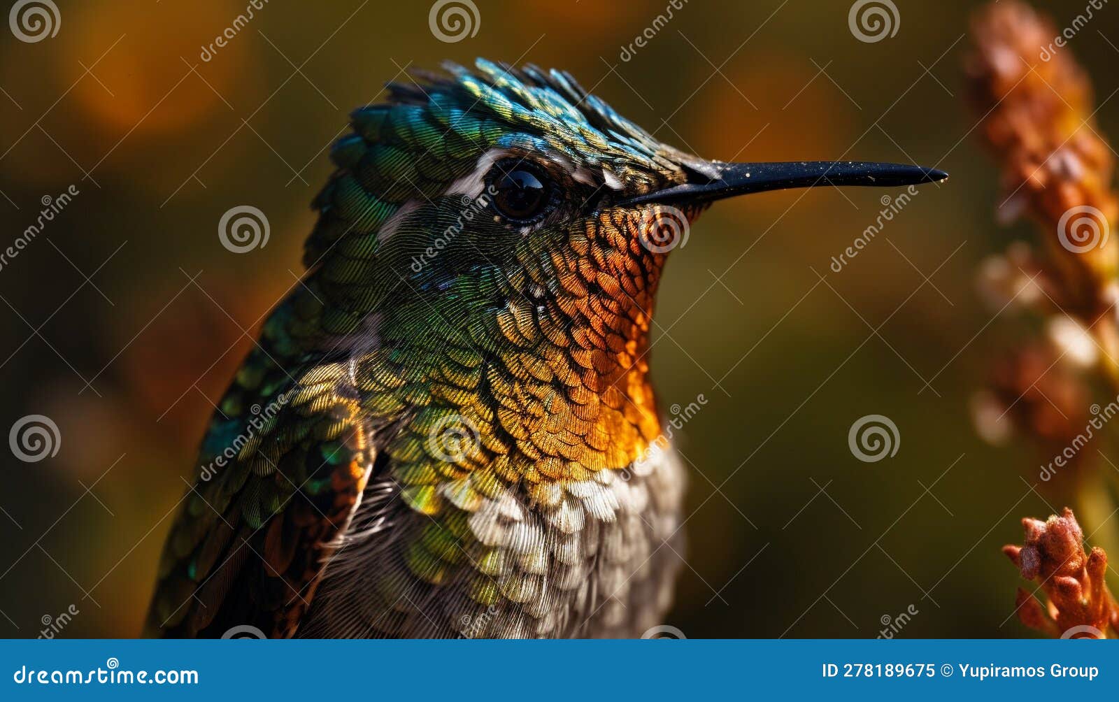 Vibrant Hummingbird Perched on Branch, Iridescent Feathers Generated by ...