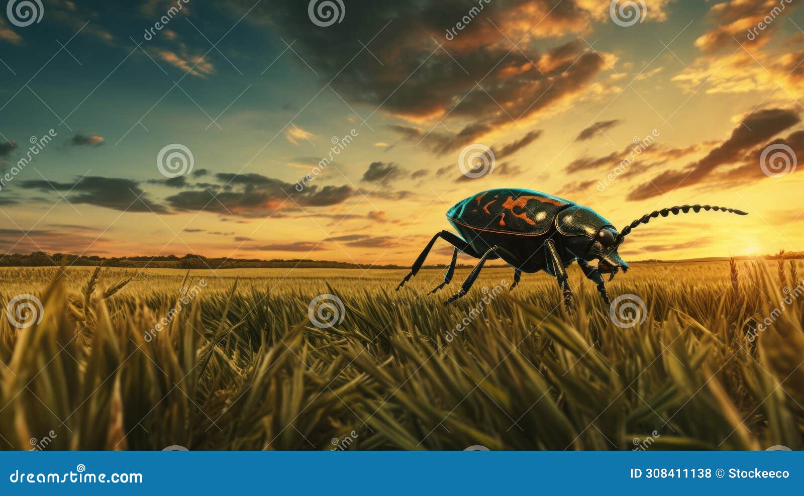 Vibrant Hyperrealistic Robot Bug in Grassy Field at Sunset Stock ...