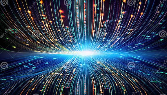 Vibrant Illustration of Binary Code Streams Flowing through Glowing Neural Network, Creating ...