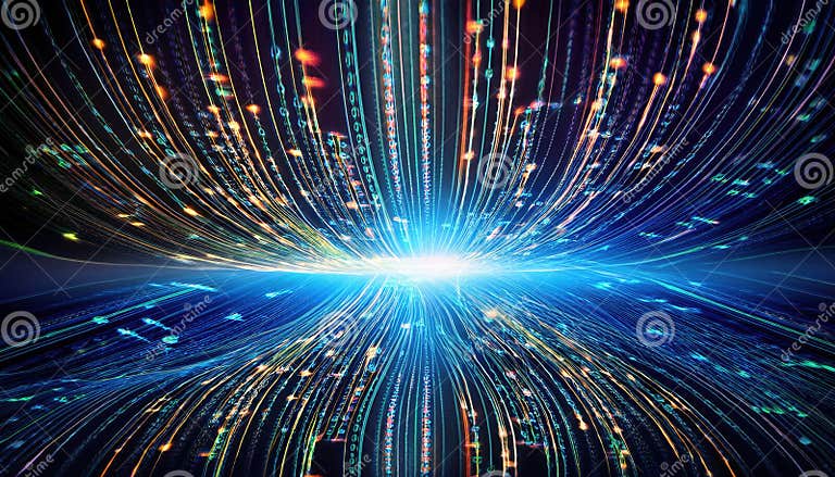 Vibrant Illustration of Binary Code Streams Flowing through Glowing Neural Network, Creating ...