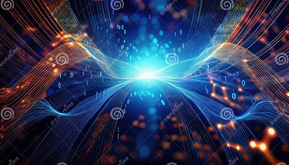 Vibrant Illustration of Binary Code Streams Flowing through Glowing Neural Network, Creating ...