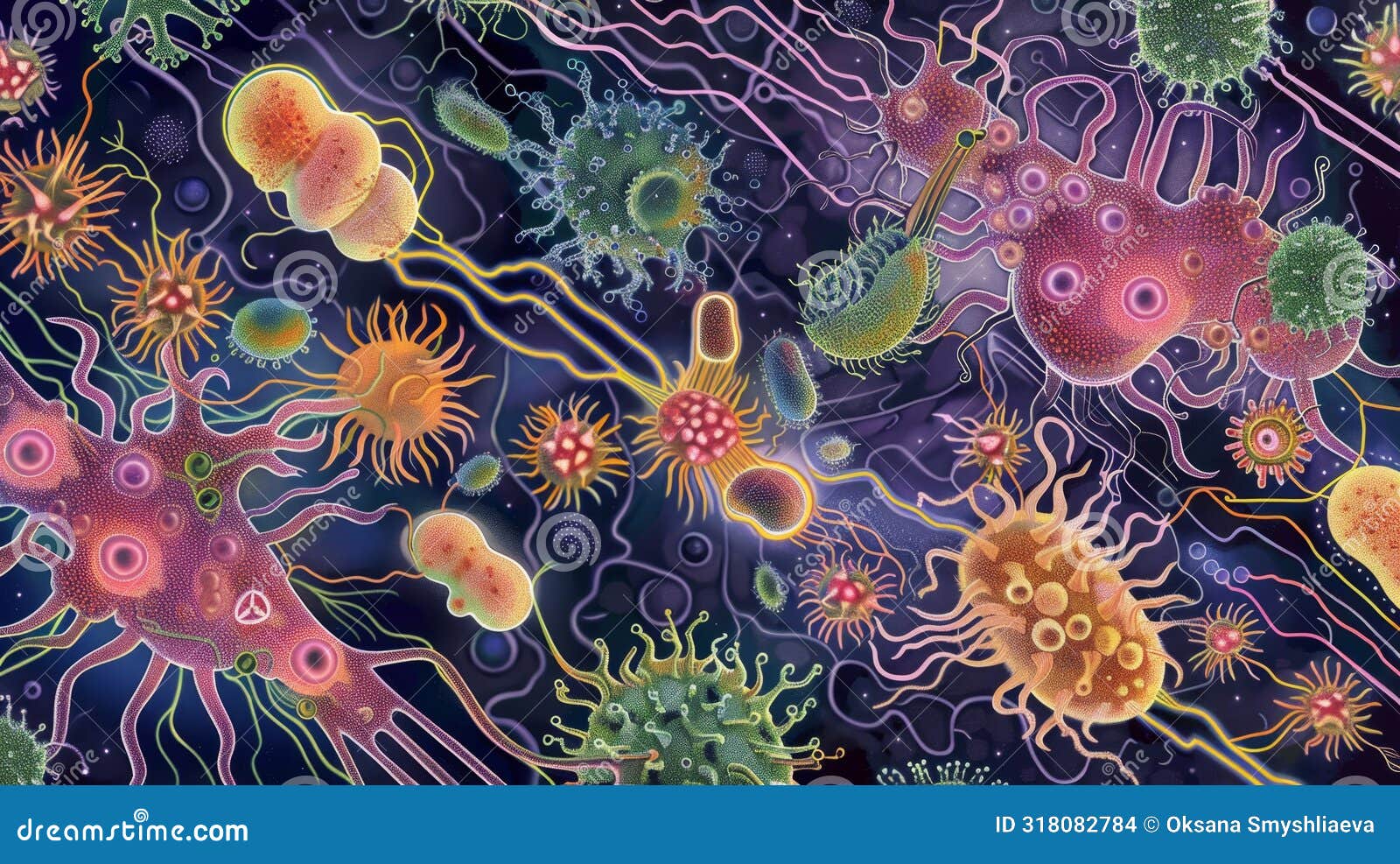 Vibrant Illustration of Diverse Microorganisms in a Colorful ...