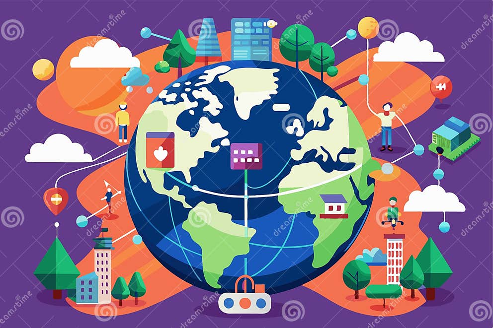 The Vibrant Illustration Features a Globe Connected by Technology ...