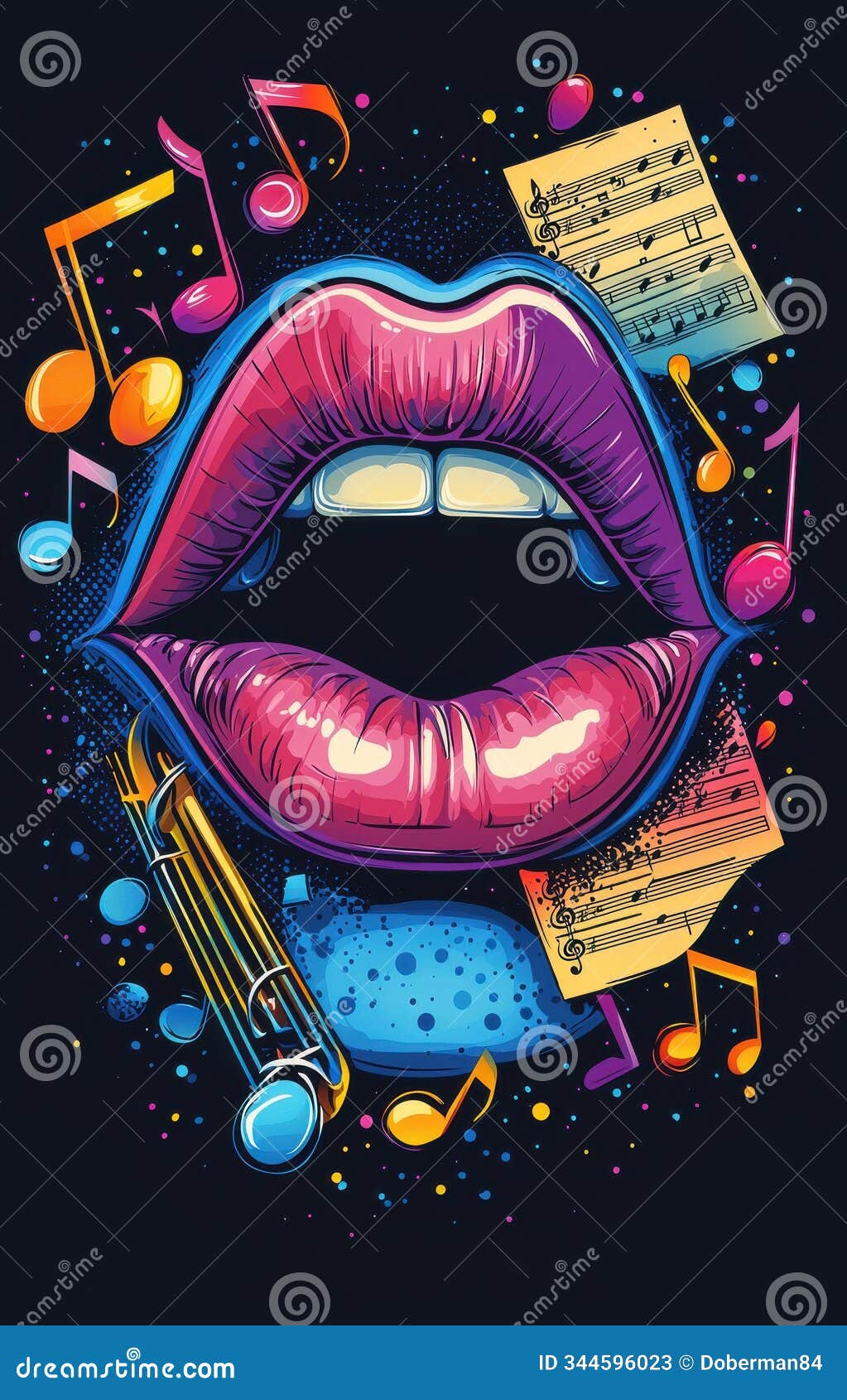 Colorful Lips with Musical Notes and Sheet Music Illustration Stock ...