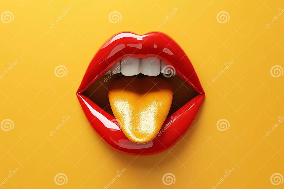 Vibrant Illustration Of Red Lips With Tongue Sticking Out Against A Yellow Background Stock