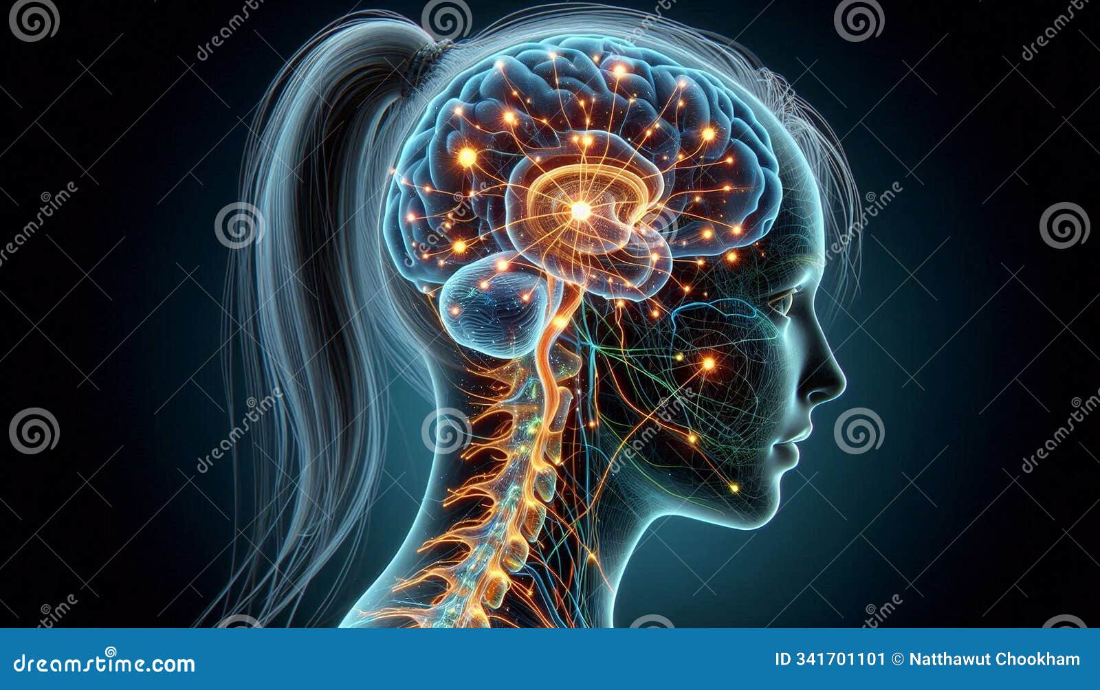 Neural Network Illustration of Human Brain and Spine Stock Illustration ...
