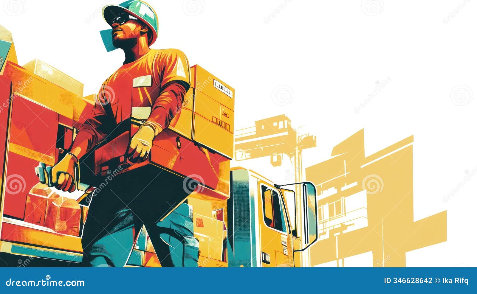 Vibrant Illustration of a Worker Unloading Cargo from a Truck Stock ...