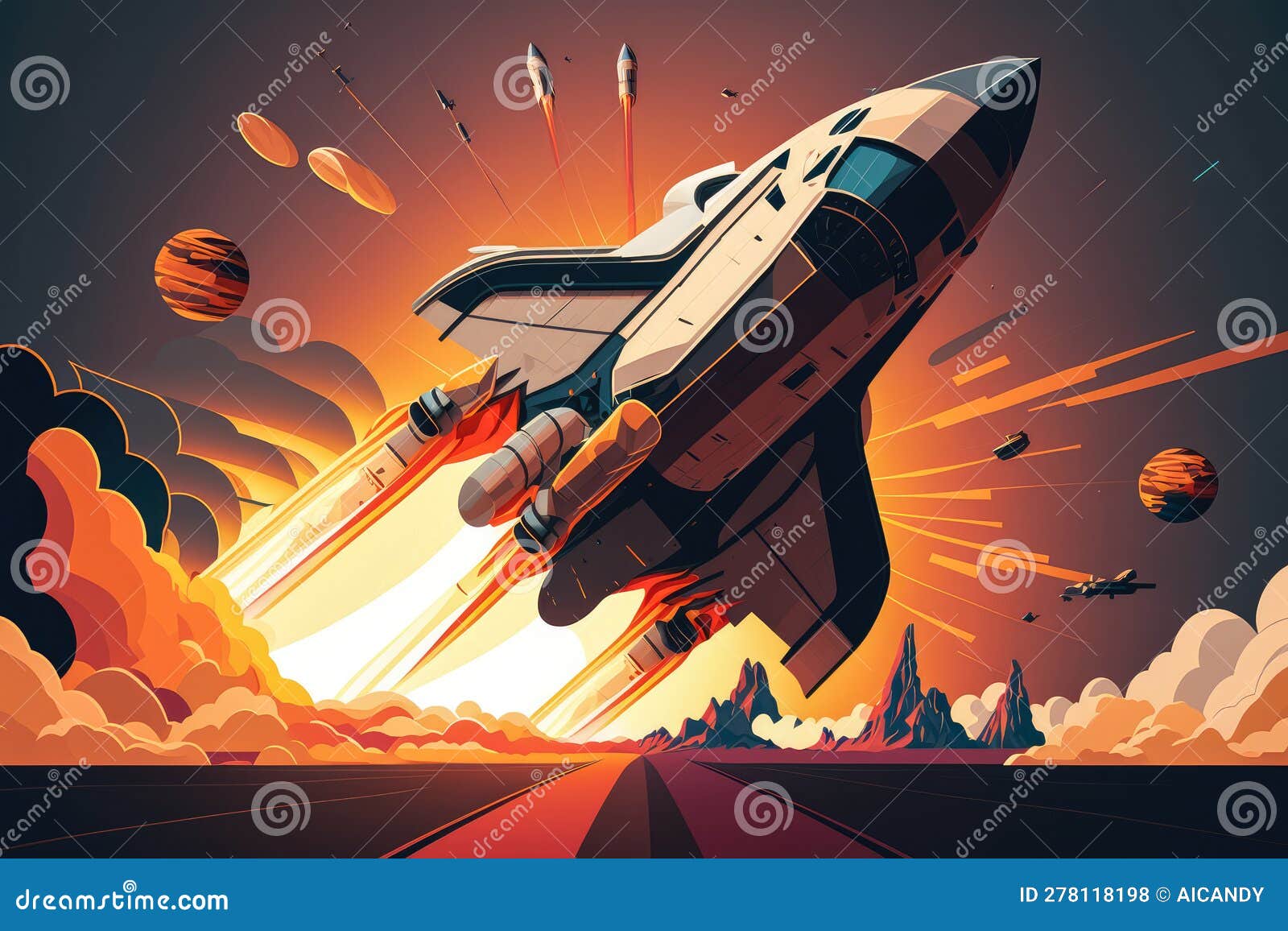 Vibrant Image Of A Space Shuttle Taking Off From A Launchpad With ...