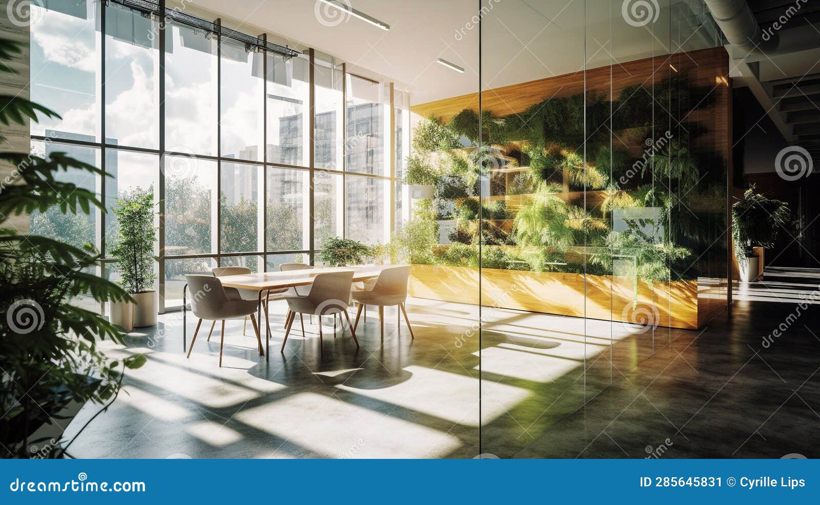 Vibrant Interior Work Room of Green Office Building Drenched in ...