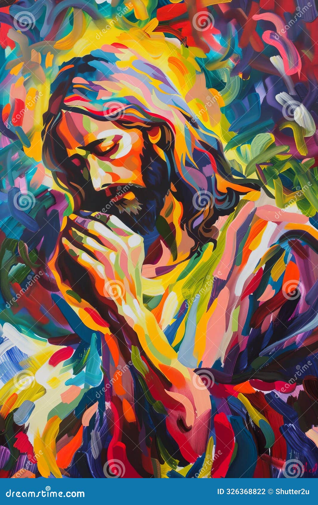 A Vibrant Interpretation of Jesus in Deep Prayer Stock Illustration ...