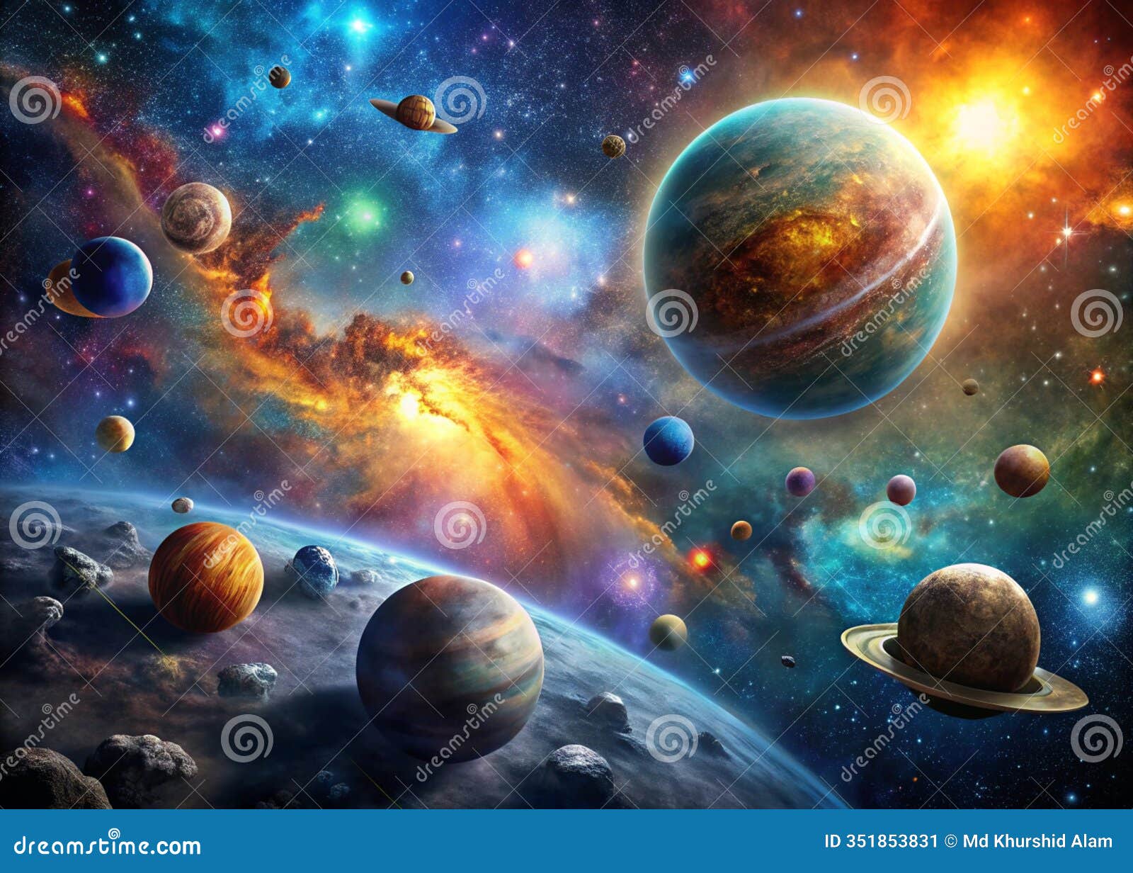 Vibrant Interstellar Scene Featuring Planets, Glowing Nebulae, and ...