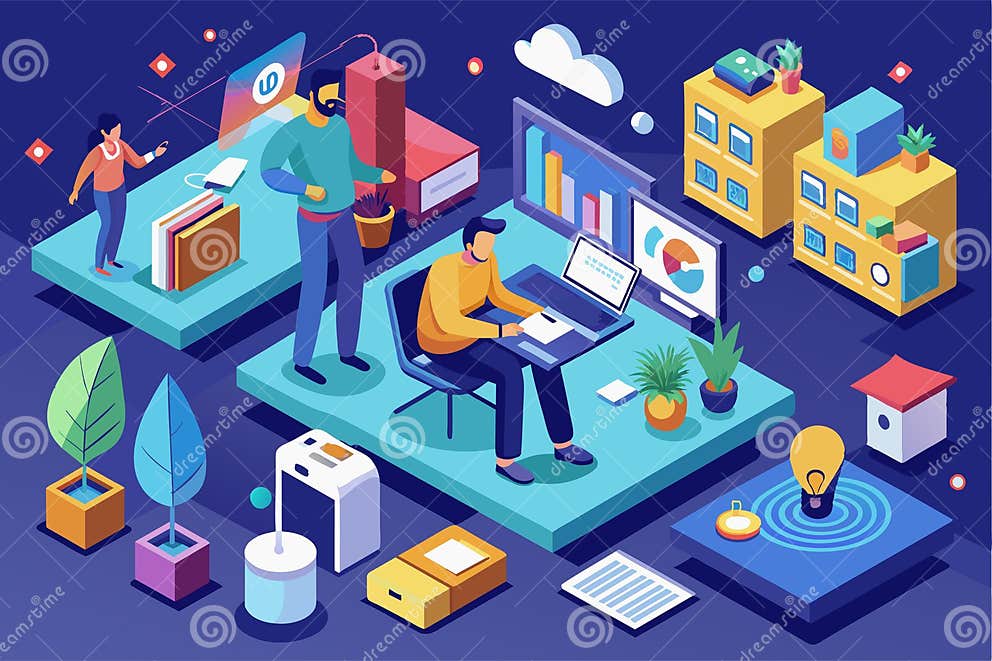 A Vibrant Isometric Workspace Showcases Individuals Collaborating and ...