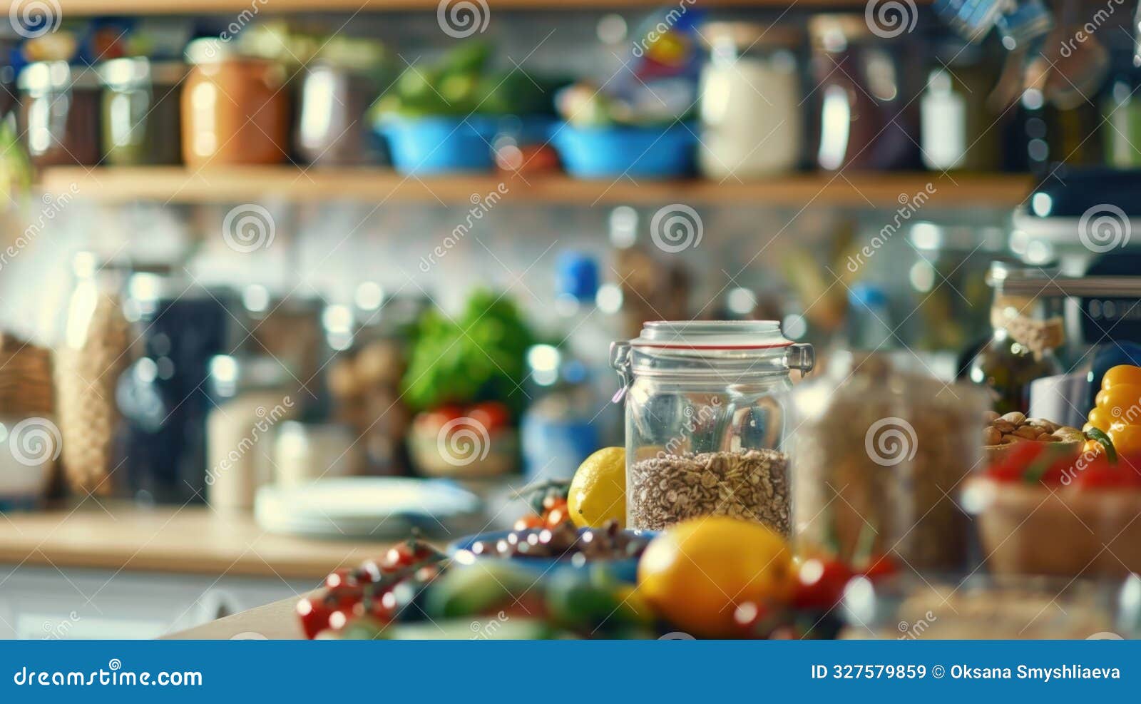 Vibrant Kitchen Counter with Fresh Produce and Pantry Items Stock Image ...