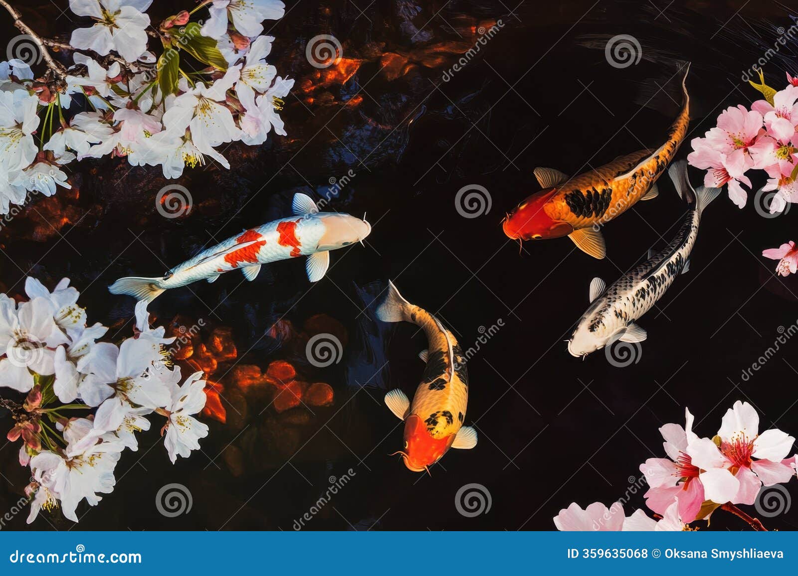 Vibrant Koi Fish in Tranquil Pond Surrounded by Blooming Cherry ...
