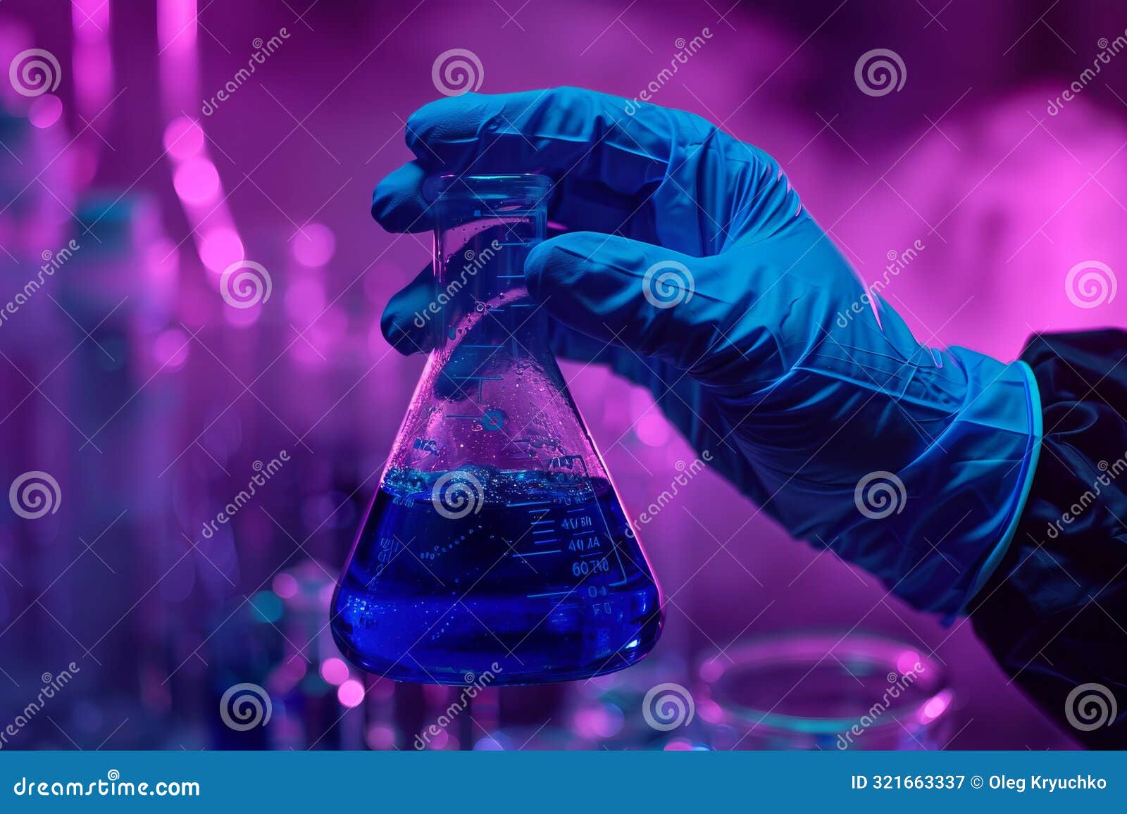 Vibrant Lab Scene with Gloved Hand Holding Erlenmeyer Flask with Blue ...