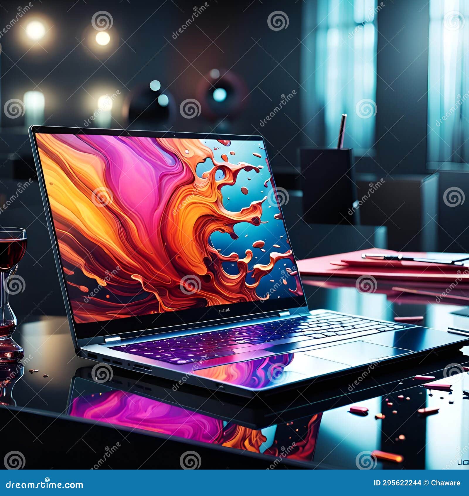 Vibrant Laptop Display in a Modern Workspace Stock Illustration ... Vibrant Laptop Display in a Modern Workspace Stock Illustration ...