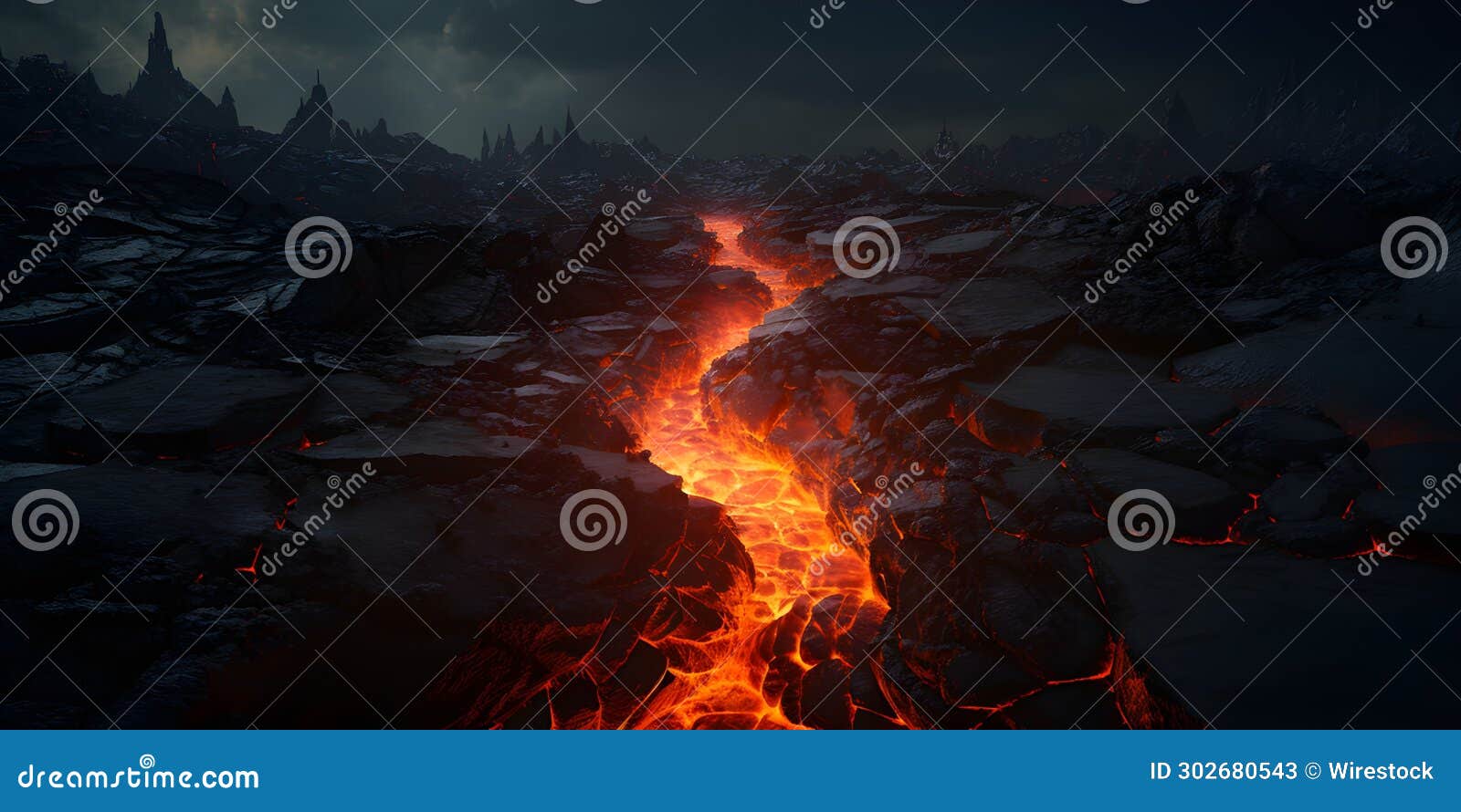 Vibrant Lava Stream Flowing through a Barren Environment. AI-generated ...
