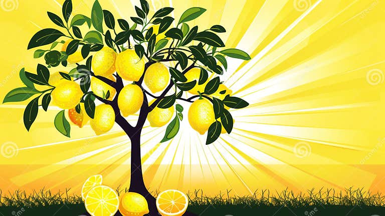 Vibrant Lemon Tree Illustration with Sunburst Background Stock Photo ...
