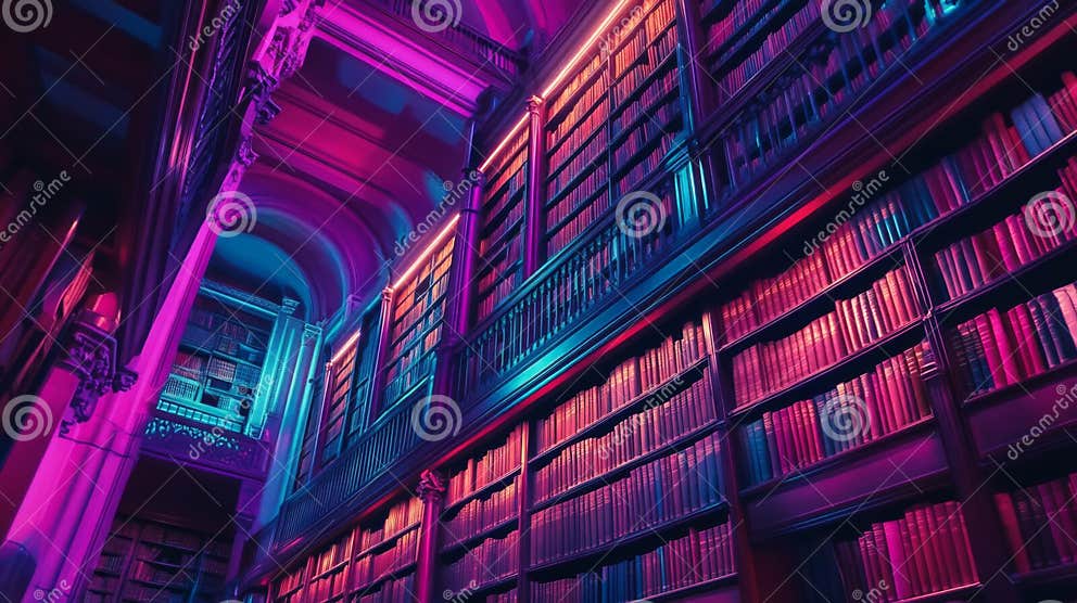A Vibrant Library Bathed in Neon Colors Creates a Stunning Visual ...