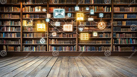 A Vibrant Library Wall with Glowing Educational Tools and Inspiring ...