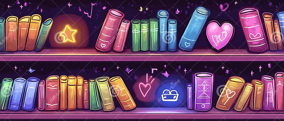 A Vibrant Library Wall with Glowing Educational Tools and Inspiring ...