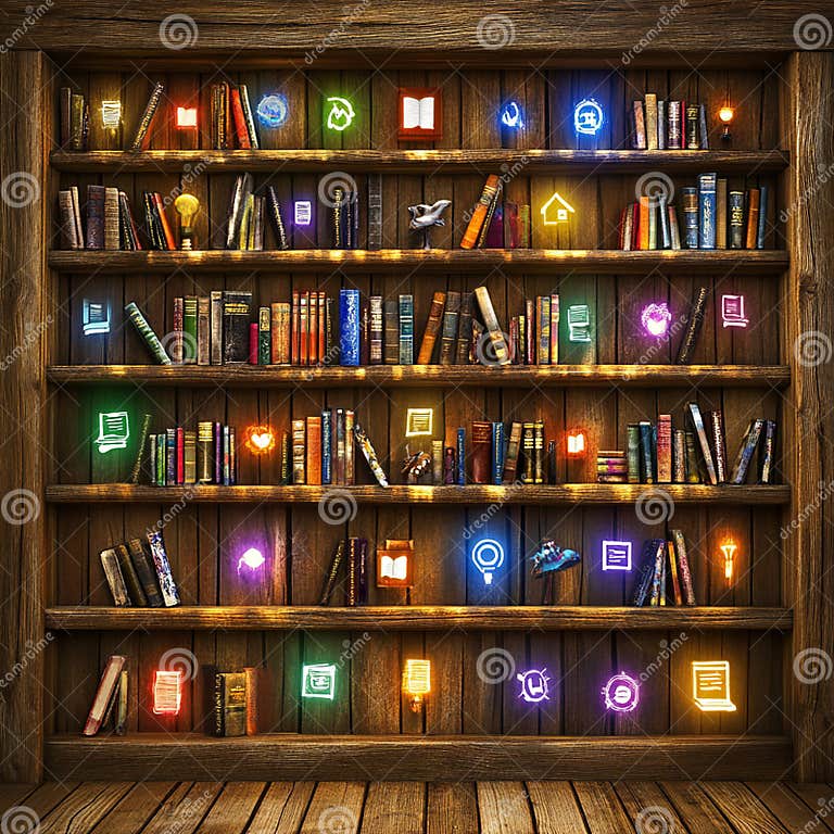 A Vibrant Library Wall with Glowing Educational Tools and Inspiring ...