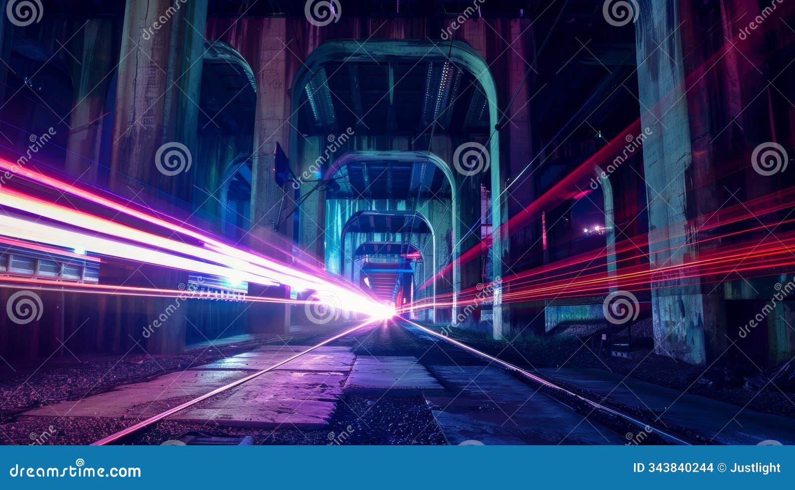 Vibrant Light Trails Streaking Past the Towering Pillars of a Rustic ...