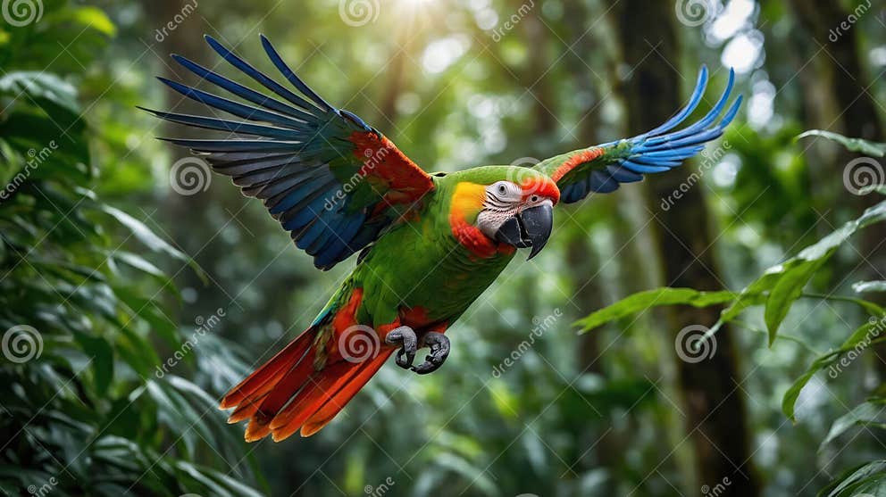 A Vibrant Macaw in Flight Amidst a Lush Rainforest Stock Illustration ...