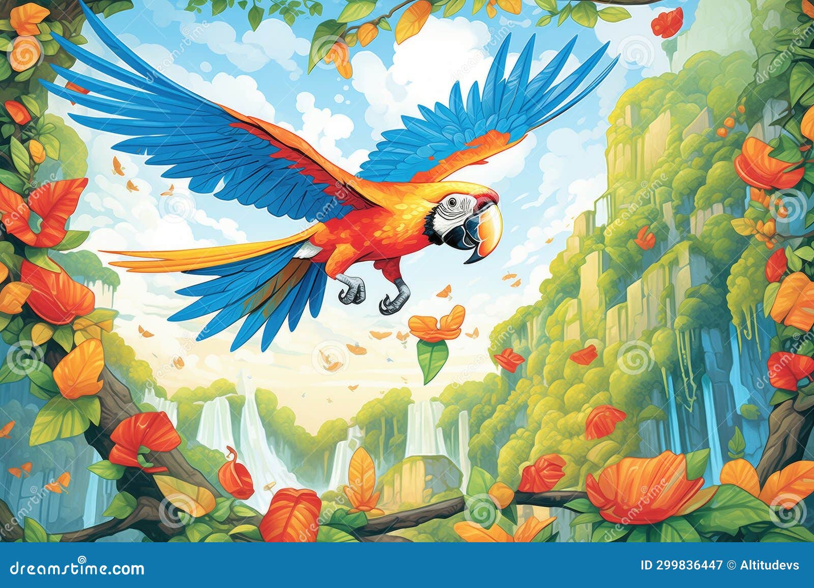 Vibrant Macaw Soaring Above Wild Rainforest, Feeding on Berries in ...