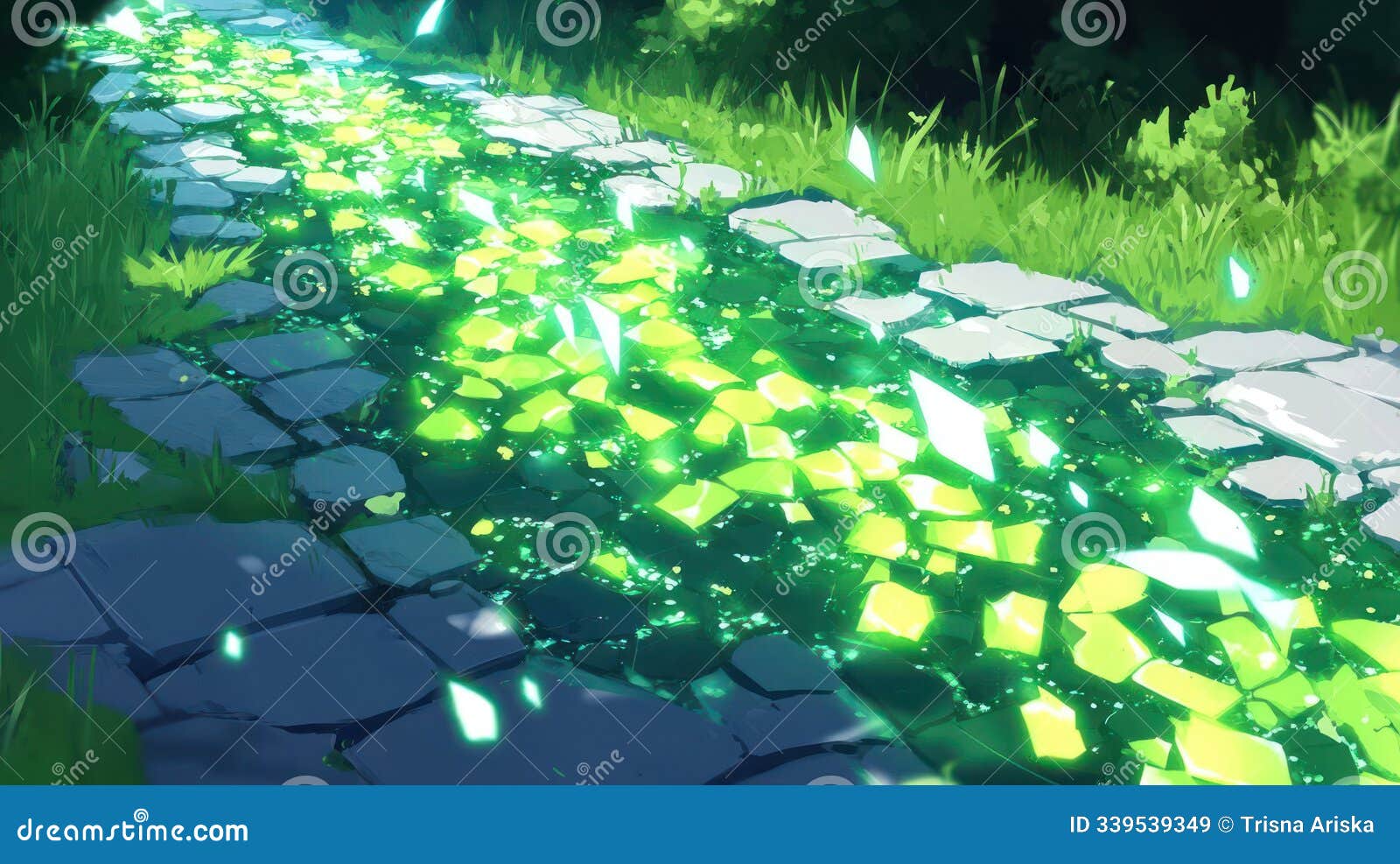 A Vibrant, Magical Pathway Lined with Glowing Green Crystals and ...