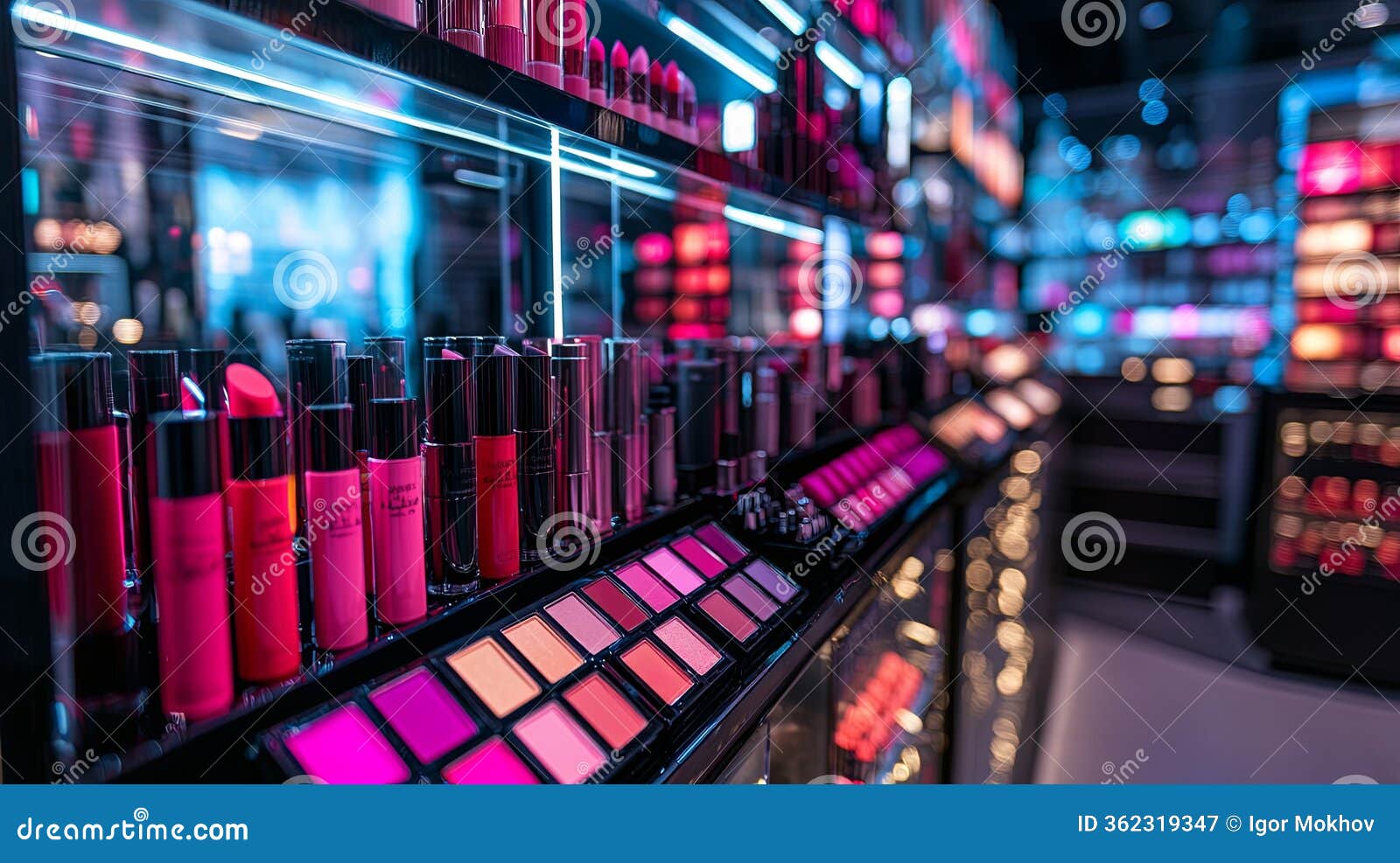 A Vibrant Makeup Display Counter Featuring Bold Lipsticks and Palettes ...