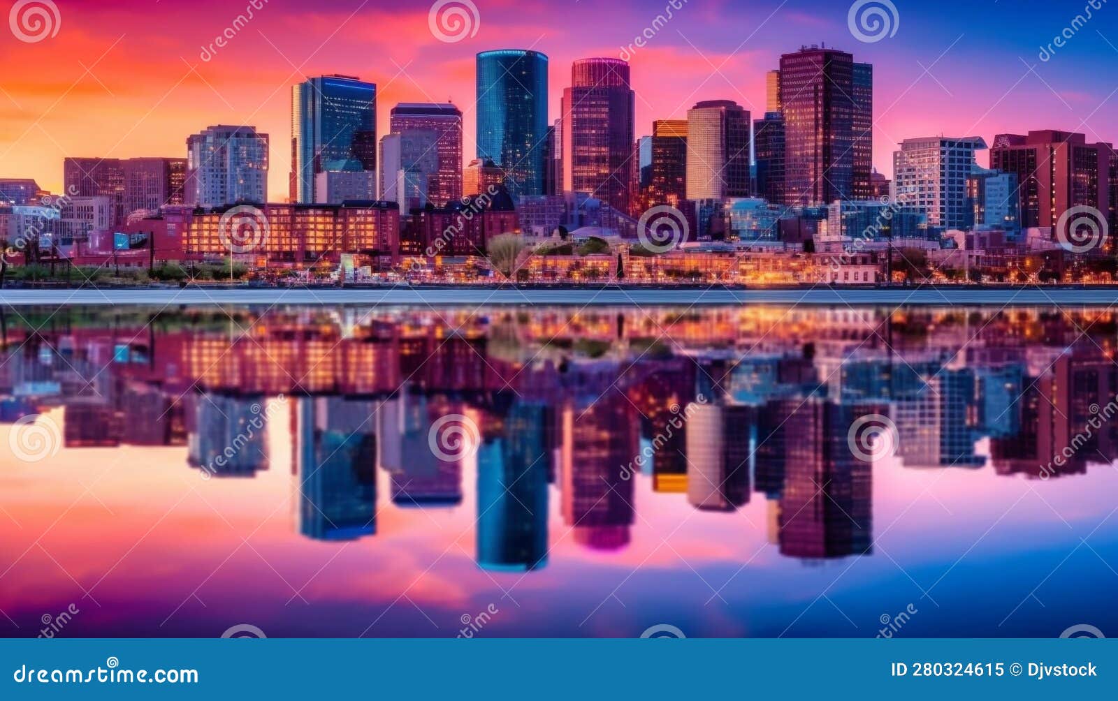 Vibrant Miami Skyline Reflects in Waterfront at Dusk, Illuminated ...