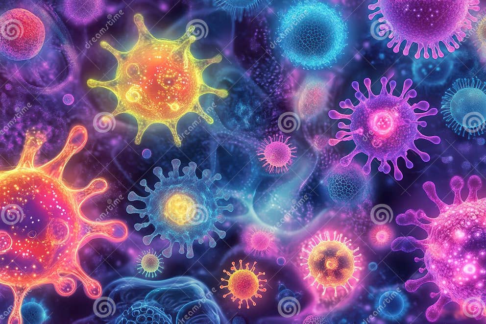 Diverse Microscopic Microbes Showcased in Vibrant Colors Illustrating ...