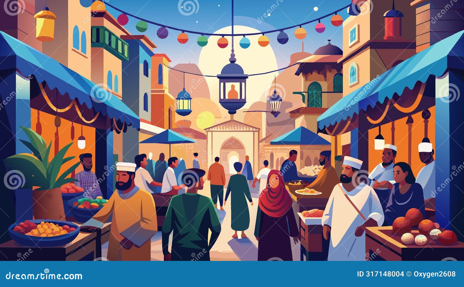 Vibrant Middle Eastern Market Scene at Twilight Stock Illustration ...