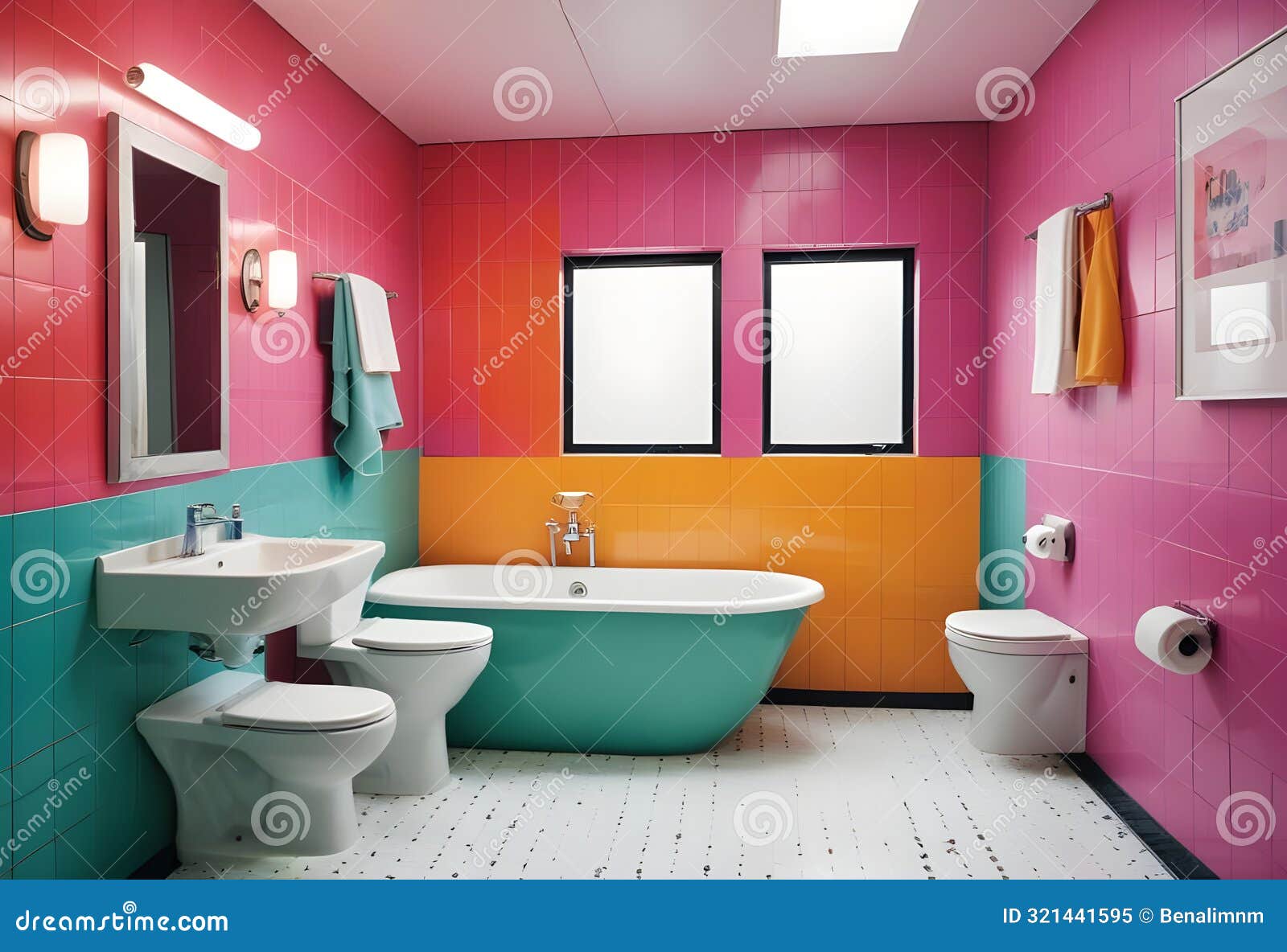 Vibrant Modern Bathroom with Colorful Tiles, Freestanding Tub, Toilet ...