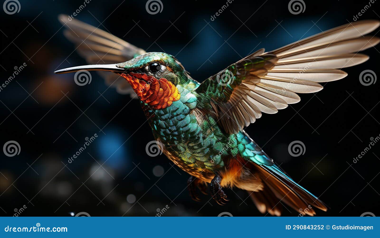 A Vibrant, Multi Colored Hummingbird Hovers, Its Iridescent Feathers ...