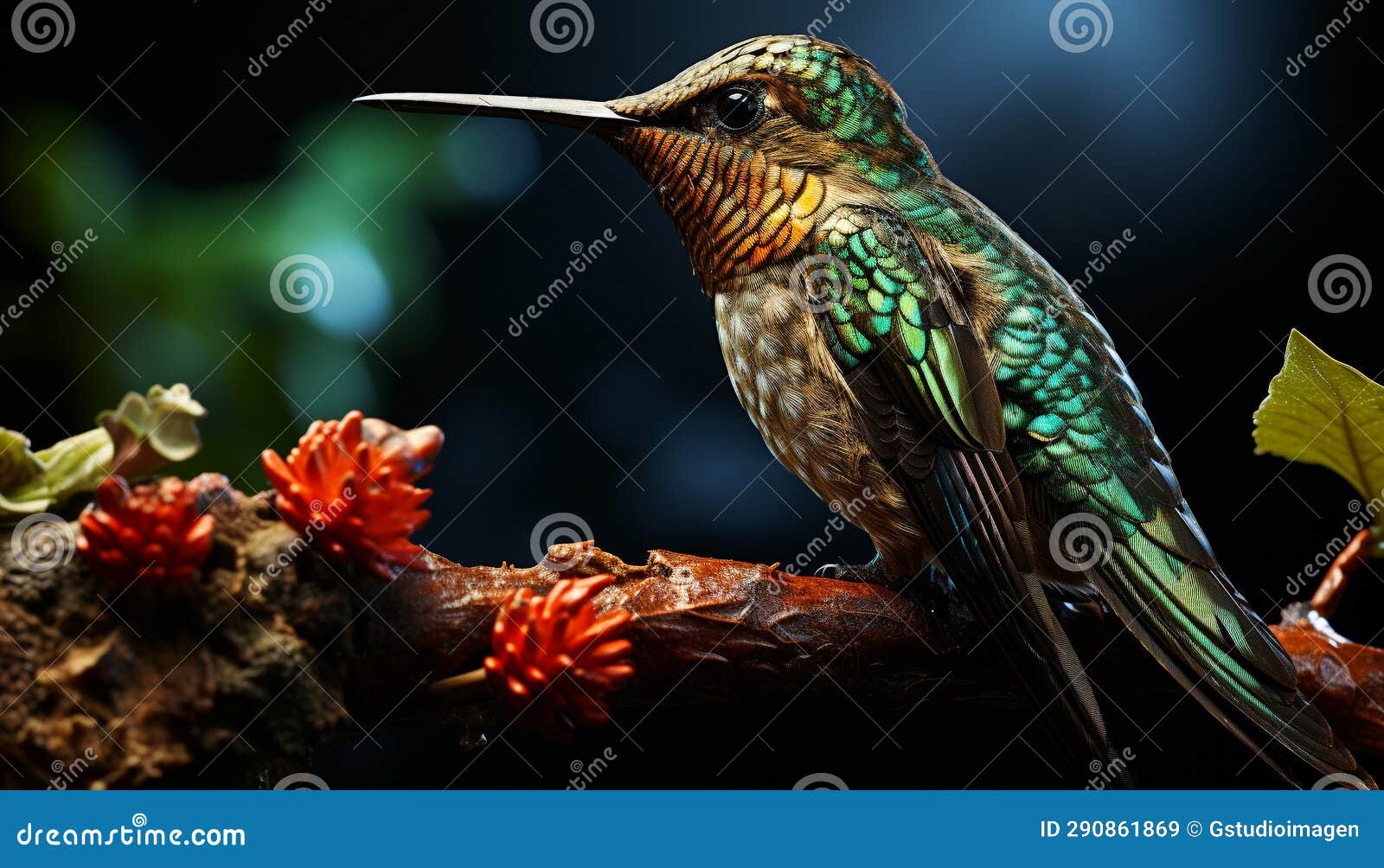 A Vibrant, Multi Colored Hummingbird Perches on a Green Branch ...