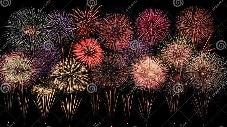 Vibrant Multicolored Fireworks Display with Exploding Shapes in a Night ...
