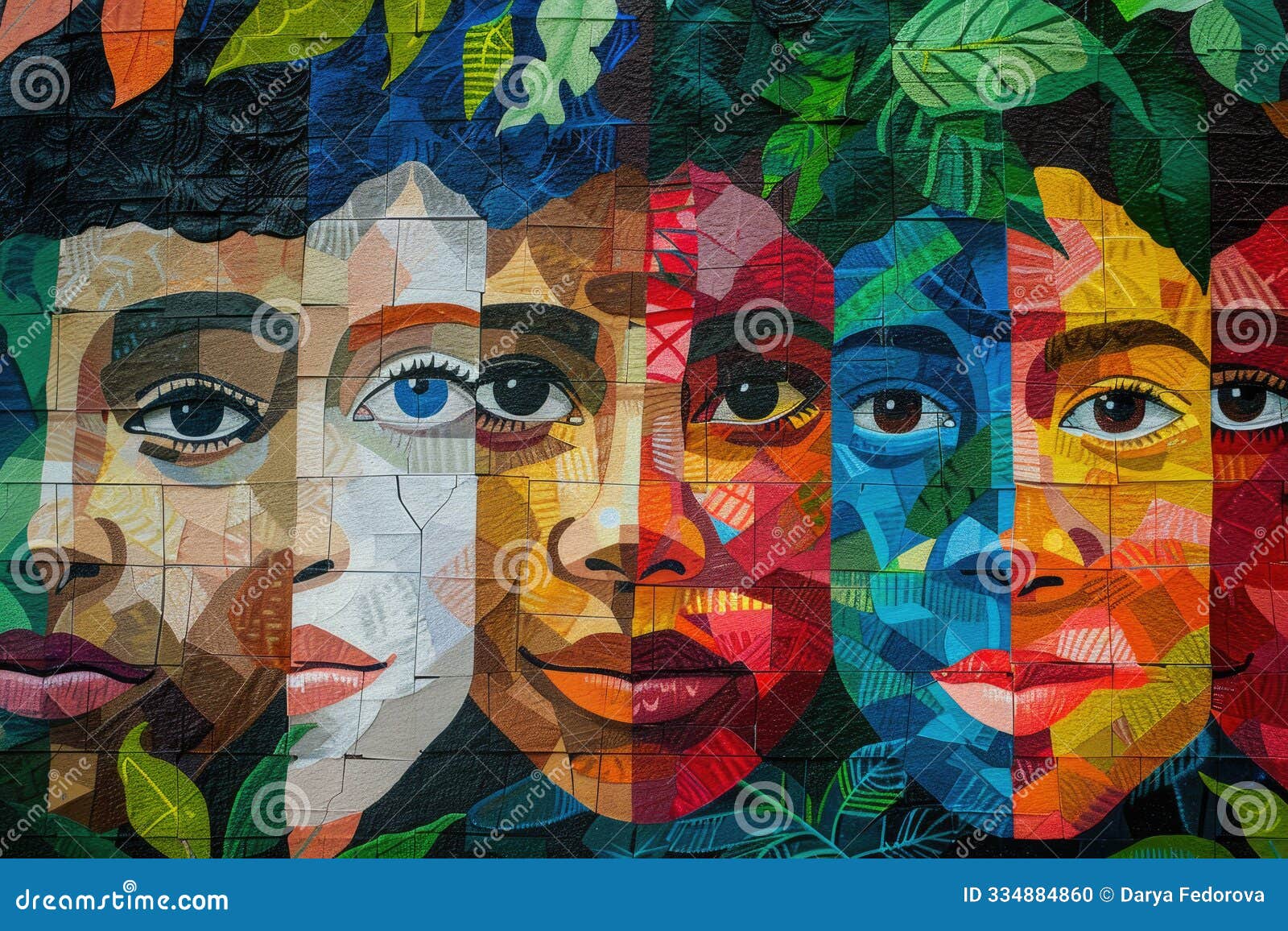Vibrant Mural Featuring Multifaceted Faces in Diverse Colors and ...