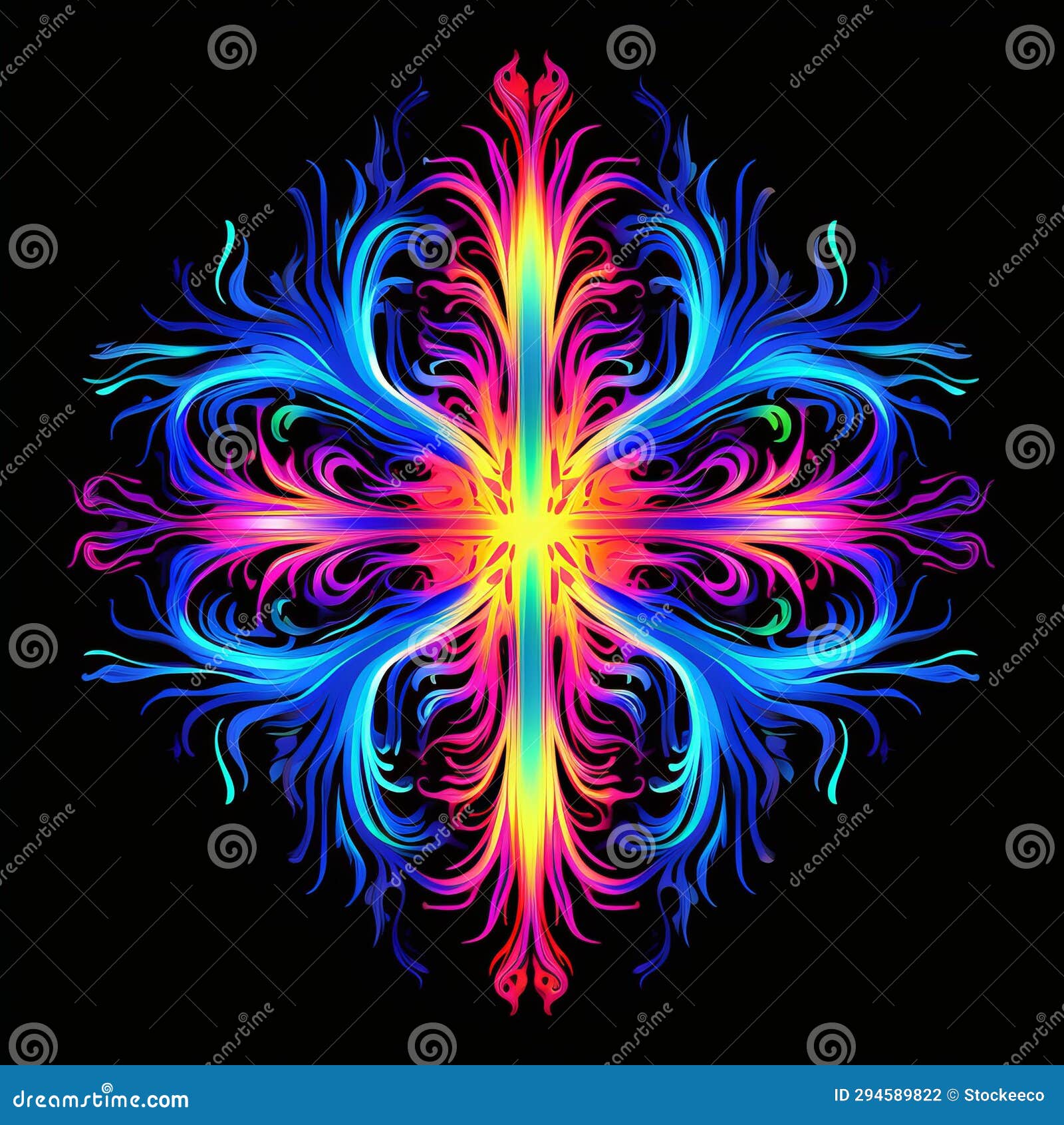 Vibrant Neon Abstract Art: Symmetrical Pattern with Psychedelic Rays ...