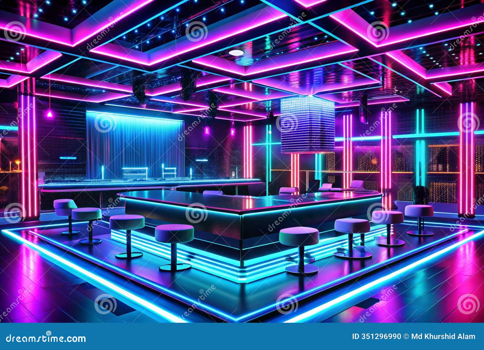 Vibrant Neon Bar Setting with a Futuristic Wallpaper Background ...