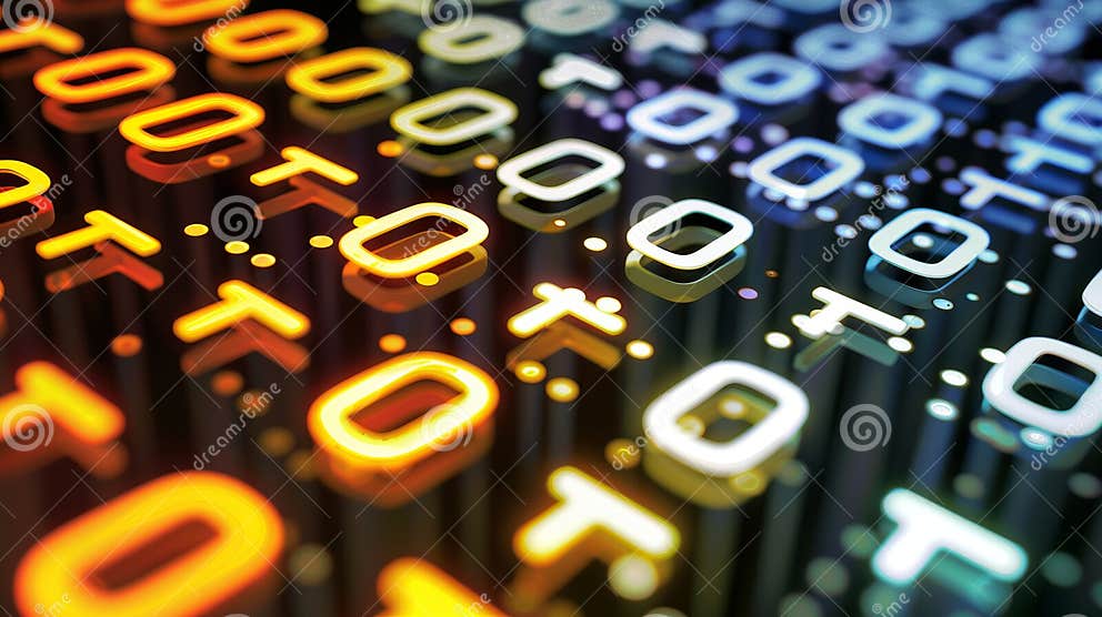 Vibrant Neon Binary Code Grid Set Against Abstract Swirling Shapes for ...