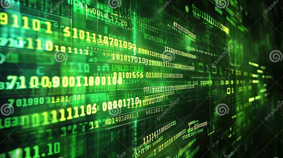 Vibrant Neon Binary Code Grid Set Against Swirling Abstract Shapes for a Captivating Digital ...