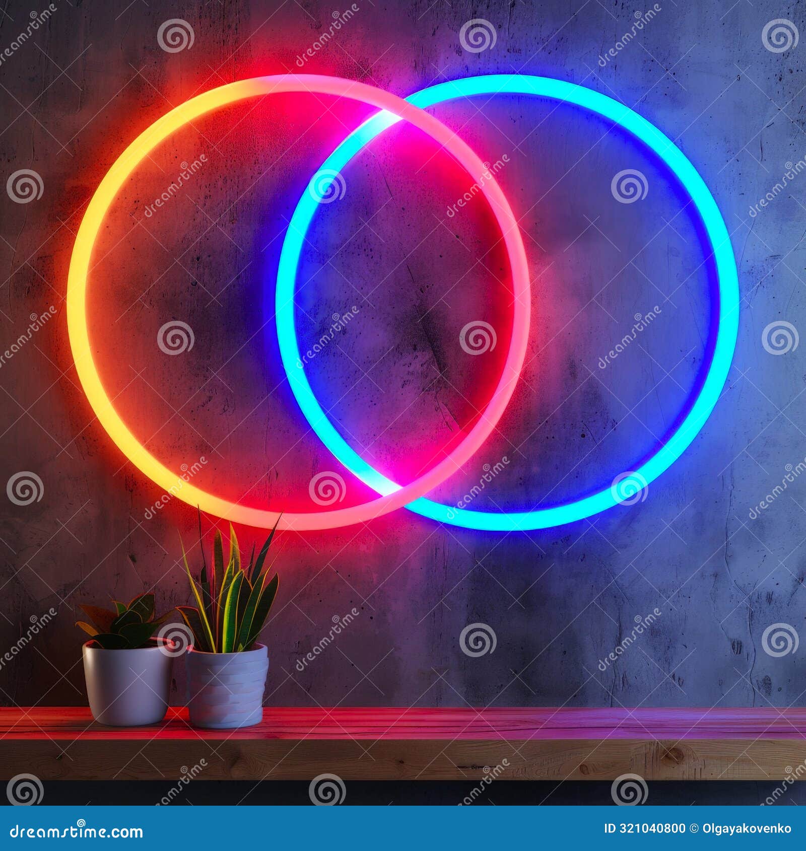Vibrant Neon Blue and Red Glowing Circles Frames on Concrete Wall ...