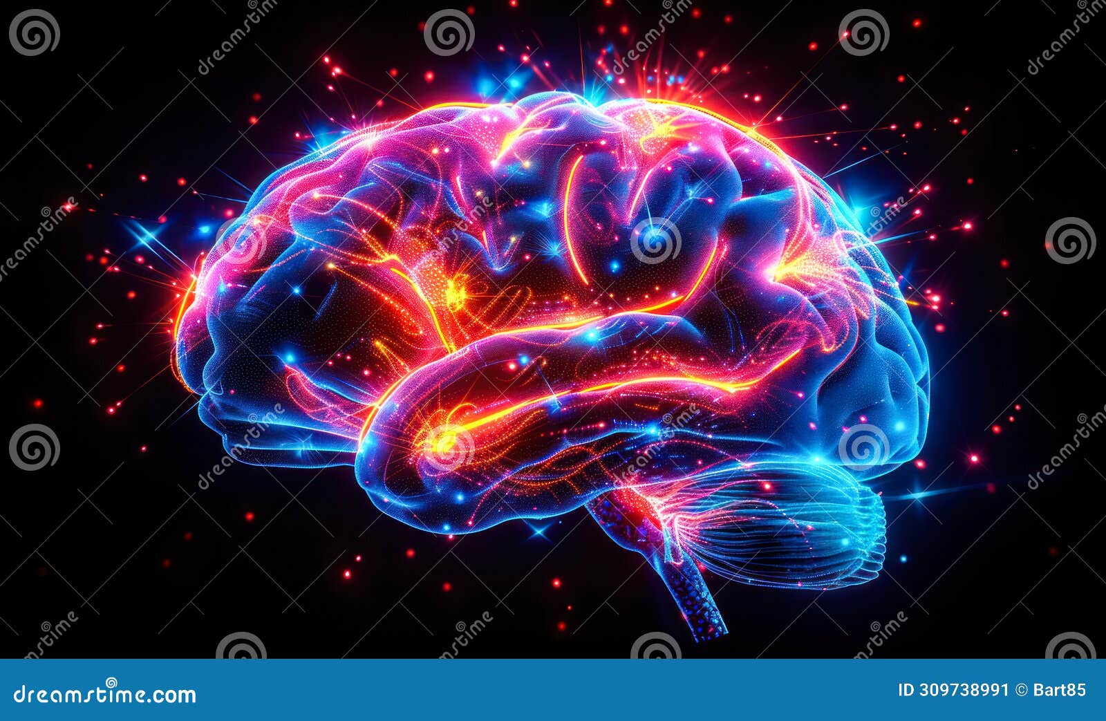 Vibrant Neon Brain Illustration Depicting Neural Activity, Creativity ...