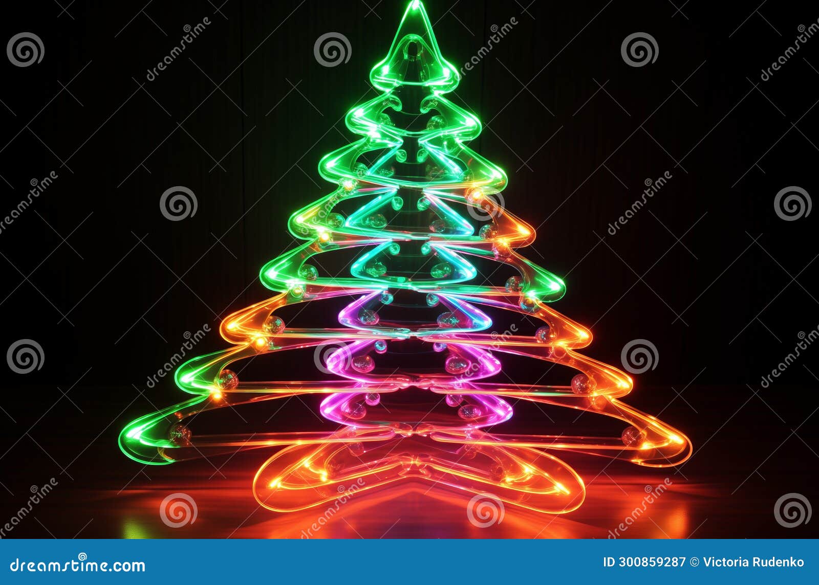 Vibrant Neon Christmas Tree with Reflective Surface Stock Image - Image ...