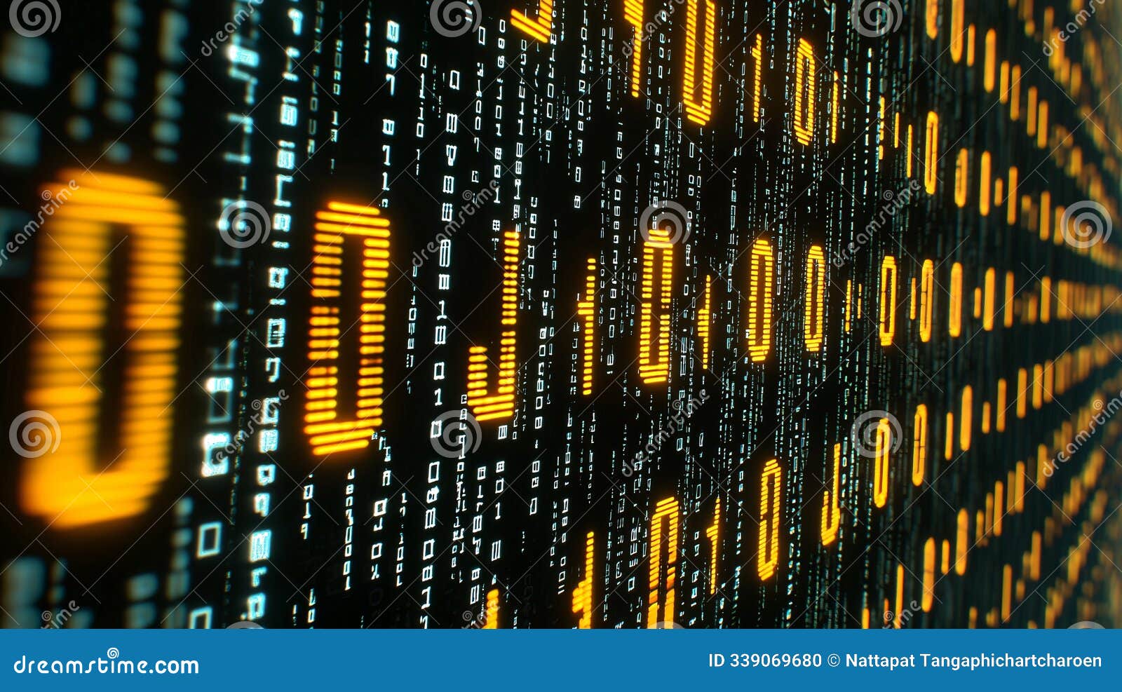 Vibrant Neon-colored Waveforms and Streams of Binary Code Flow Dynamically, Representing the ...