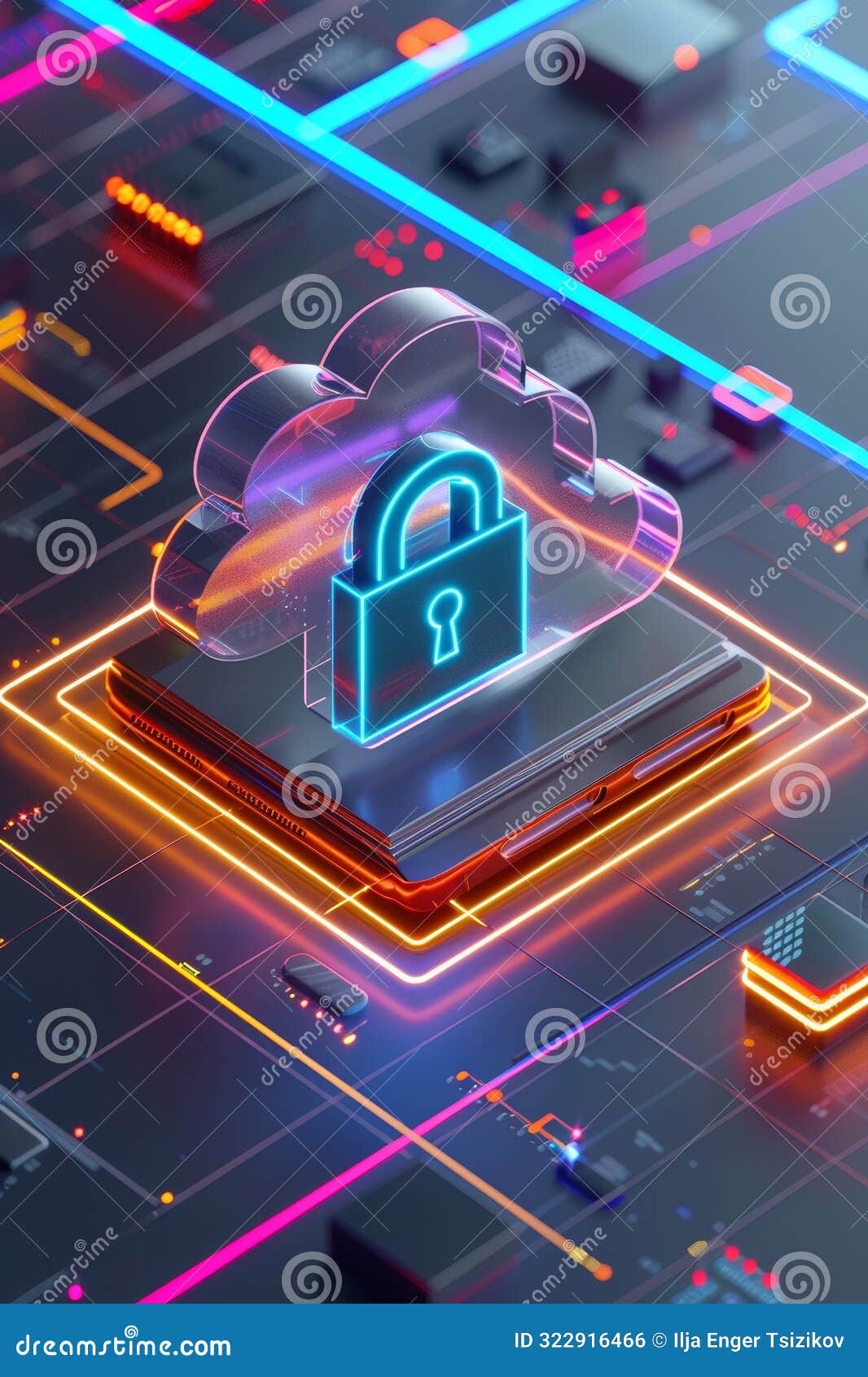Vibrant Neon Colors with Digital Grid, Lock Icon in Translucent Cloud ...