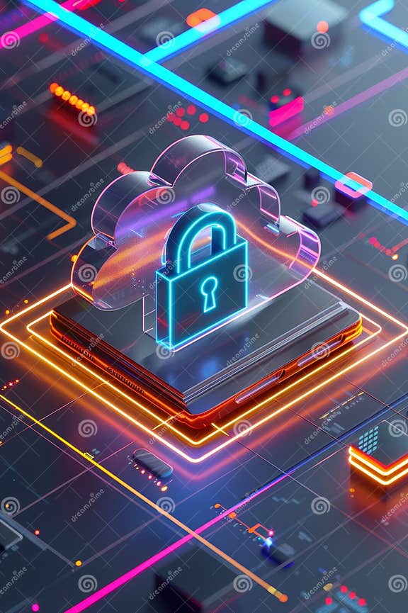 Vibrant Neon Colors with Digital Grid, Lock Icon in Translucent Cloud for a Striking Backdrop ...