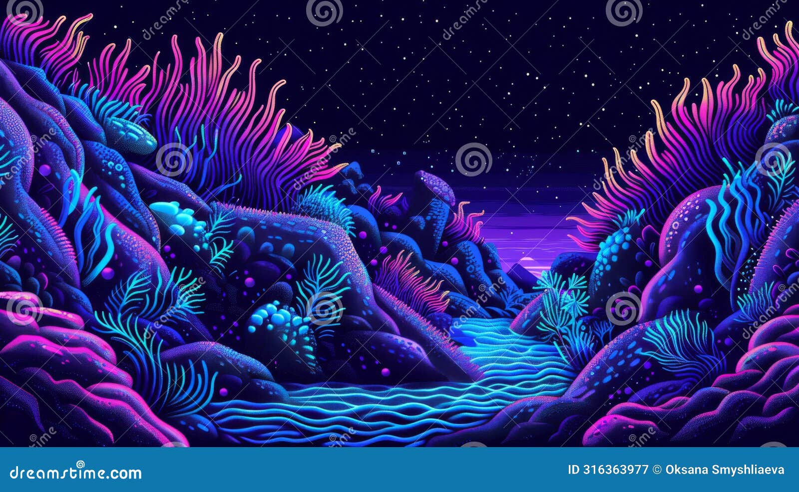 Vibrant Neon Coral Reef Under Starry Night Sky Stock Image - Image of ...